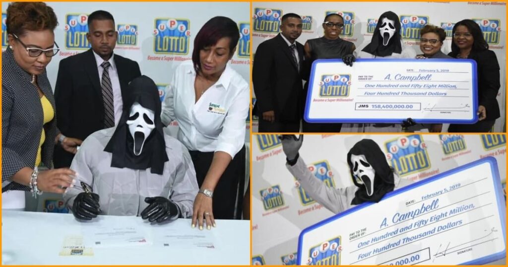 Lottery winner covers face with mask while collecting money to hide ...
